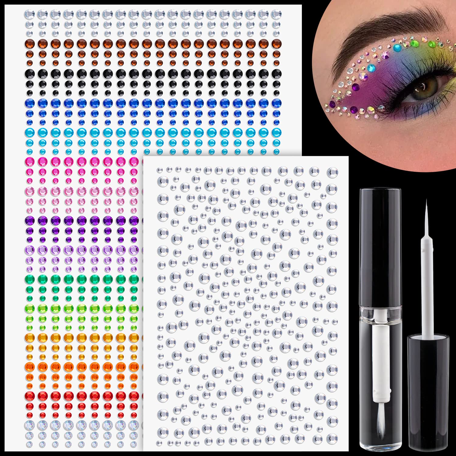 1225 Pcs of Rhinestone Stickers 3/4/5/6mm Clear+Colorful Self Adhesive Face Gems, Stick on Body Crystal Jewels with Quick Dry Makeup Glue For Face Eye Hair Nails Make up and Craft DIY Decorations