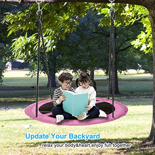 43β 700lbs Saucer Tree Swing,All-Weather Resistant Textilene Swing,360 Degree Spin,w/ 1 Swivel,2 Adjustable Ropes&Long Straps,Easy to Install,Comfortable for Kids Backyard,Playground (Pink)