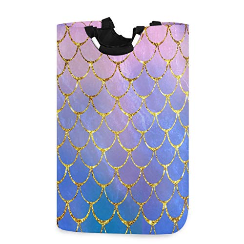 DOMIKING Laundry Storage Basket Collapsible Organizer - Colorful Mermaid Fish Scales Laundry Hamper for Kids Room Dirty Cloth Toy Dorm Bag