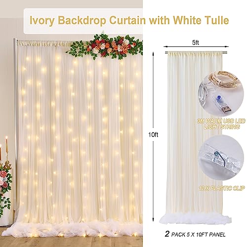 10ft x 10ft Dual Layer Ivory Tulle Backdrop Curtain Panels with Light, 2 Panels 5 x 10 ft Photo Background Drapes for Wedding Baby Shower Party Engagement Bridal Shower Photography