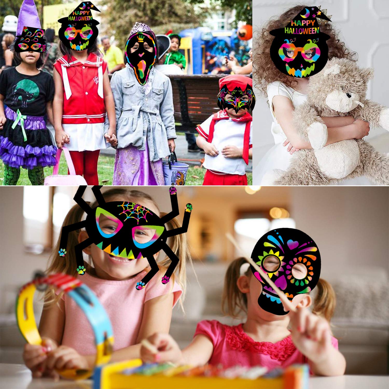24 Pack Magic Scratch Paper Art Masks Set for Kids Rainbow Painting DIY Crafts Black Supplies Coloring Kits for Halloween Birthday Party Favors Creative Gift Bat Pumpkin Spider Wizard Hat Skull Ghost
