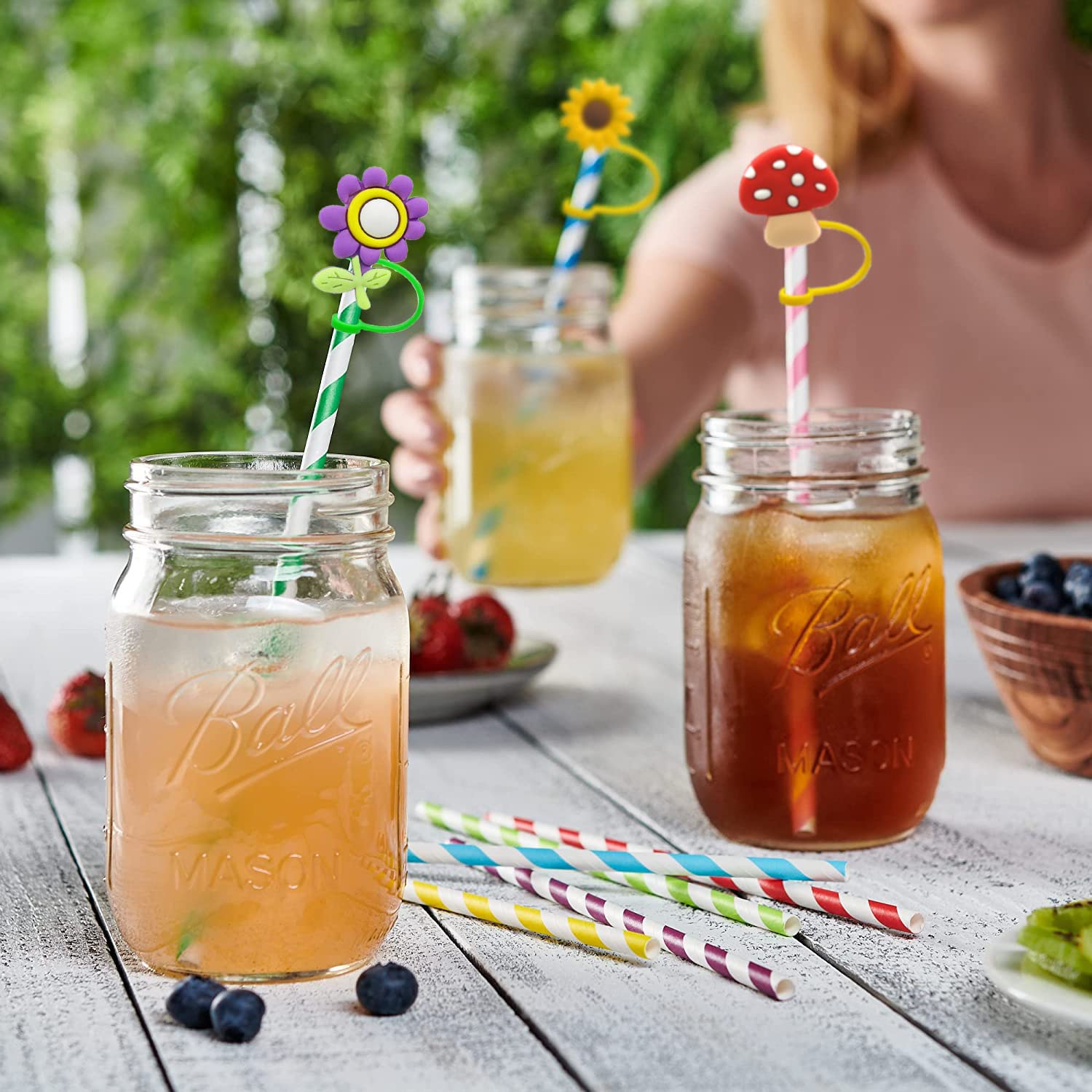 10 Pieces Straw Cover Cap Reusable Silicone Straw Toppers Drinking Straw Tips Lids for 6-8 mm Cute Straws Plugs (Not include Straw) (2D Style 2)
