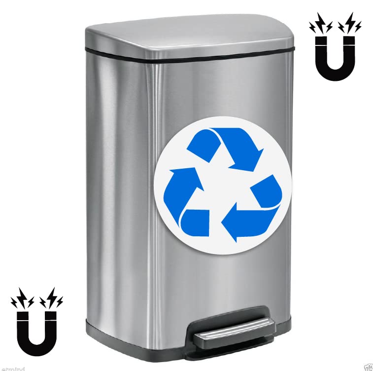2 Pack (9in x 9in) Recycle Logo Magnet to Organize Your Trash - for Trash cans, Garbage containers and Recycle Bins - Magnet Decal (9in x 9in, Blue/White- Magnet)