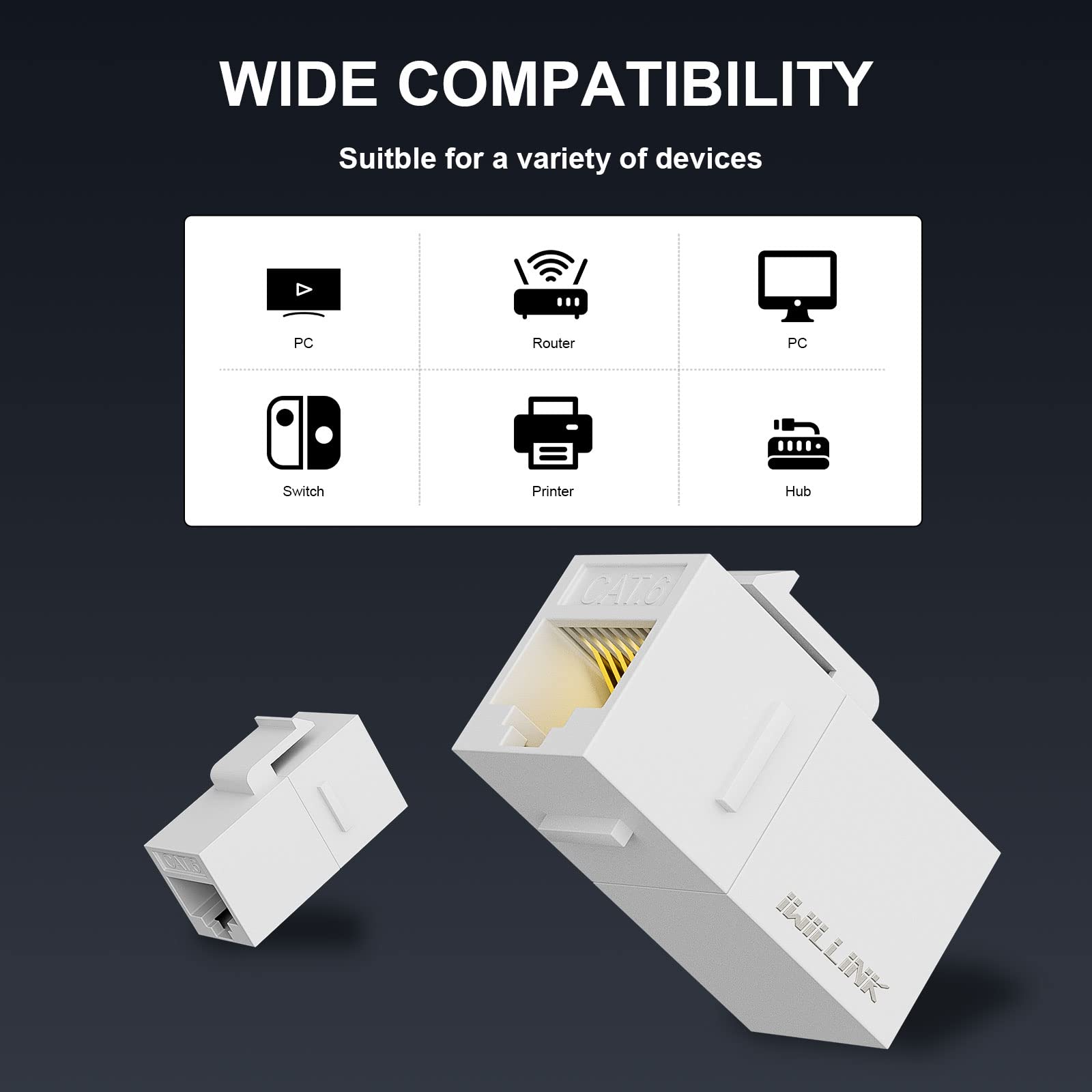 Iwillink RJ45 Cat6 Keystone Coupler 10-Pack, Female to Female Cat6 Keystone Jack, UTP Keystone Coupler Insert, White