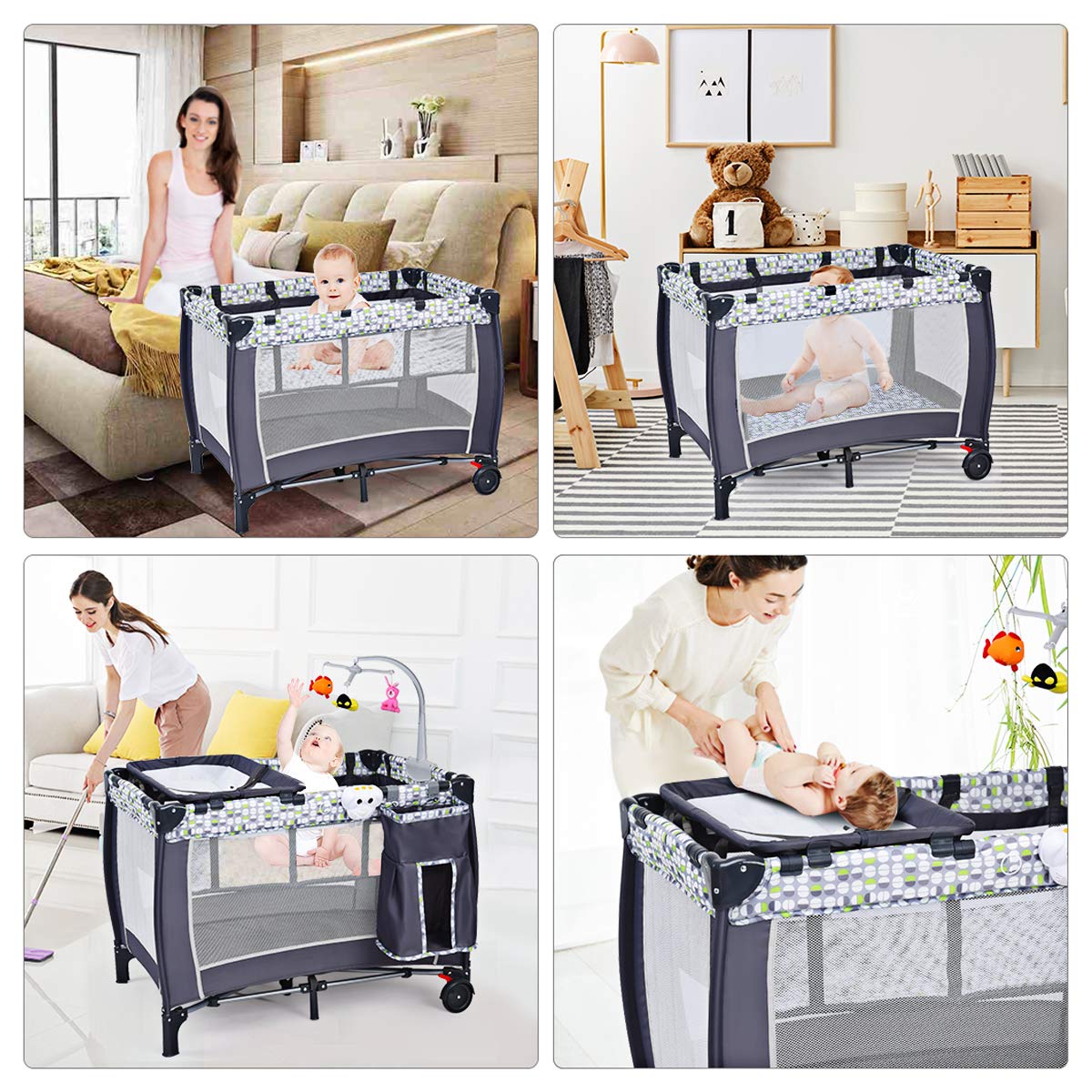 HONEY JOY Portable Baby Playard, 3-in-1 Pack and Play with Infant Bassinet, Diaper Changer & Toy Bar, Lockable Wheels, Toddler Play Yard w/Carry Bag Gray