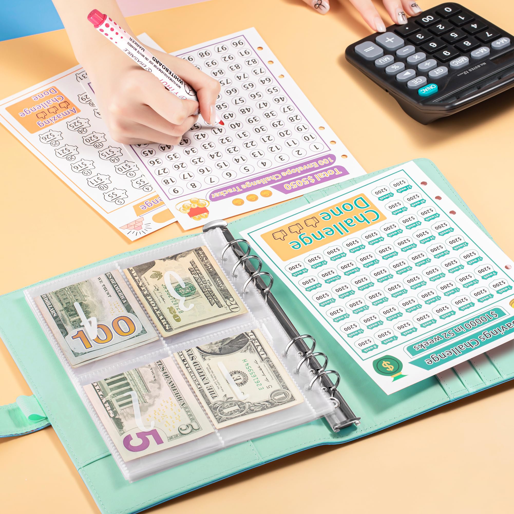 100 Envelopes Money Saving Budget Binder with Cash Envelopes, A5 Savings Challenges Book with Envelopes Erasable Tracker, Easy and Fun Way to Save $500 $5050 $10000 (Z)