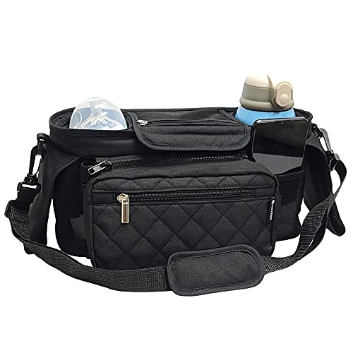 ComfyDegree Universal Baby Stroller Organizer Anti-Slip Detachable Pouch Bag Insulated Bottle Cup Holders Tissue Compartment, Secured Straps, Pockets for Diaper, Phone, Keys, Toys (Black)