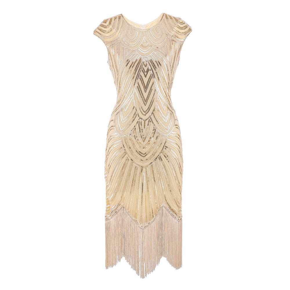 F_Gotal Women's Roaring 20s V-Neck Gatsby Dresses- Vintage Inpired Sequin Beaded Flapper Dresses Party Cocktail Beige