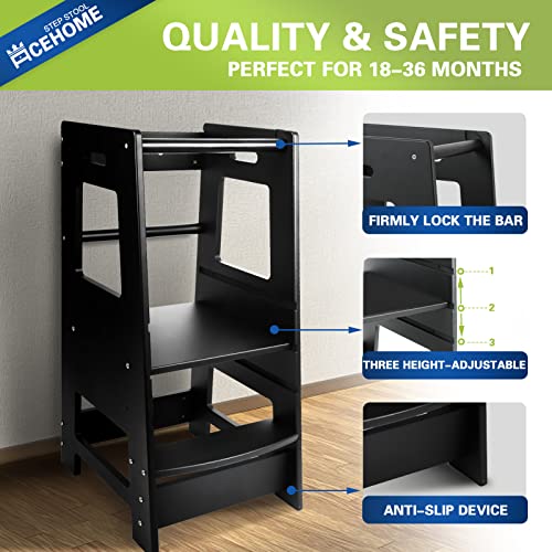 ACEHOME Toddler Kitchen Stool, Toddler Tower with Safety Rail, Toddler Stool for Kitchen Counter, Adjustable Height Little Helper Tower, Kitchen Stool for Toddlers 18 Months and Older, Black