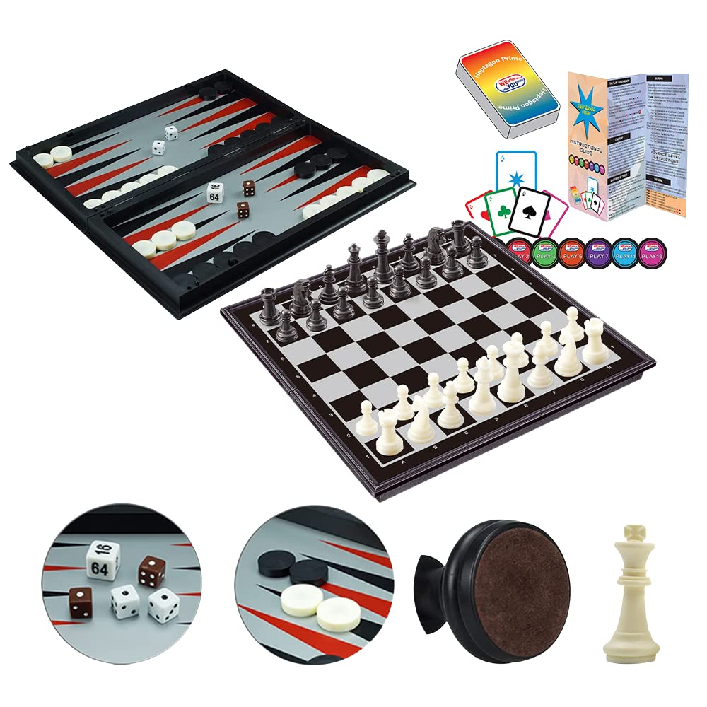 4-in-1 Chess, Checkers, Backgammon Set with Bonus Strategy Card Game - Magnetic Board with Felt Pieces and Folding Case (14.2 Inches)
