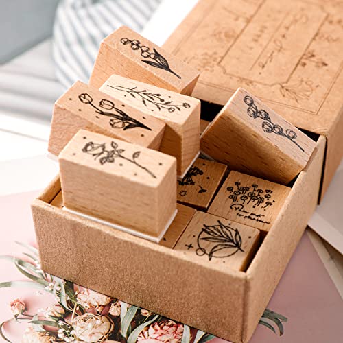 12 Pieces Wood Rubber Stamps Vintage Flowers Stamp Set DIY Craft Scrapbooking Stamps for Journals Diary Planner Letter Album Card Making