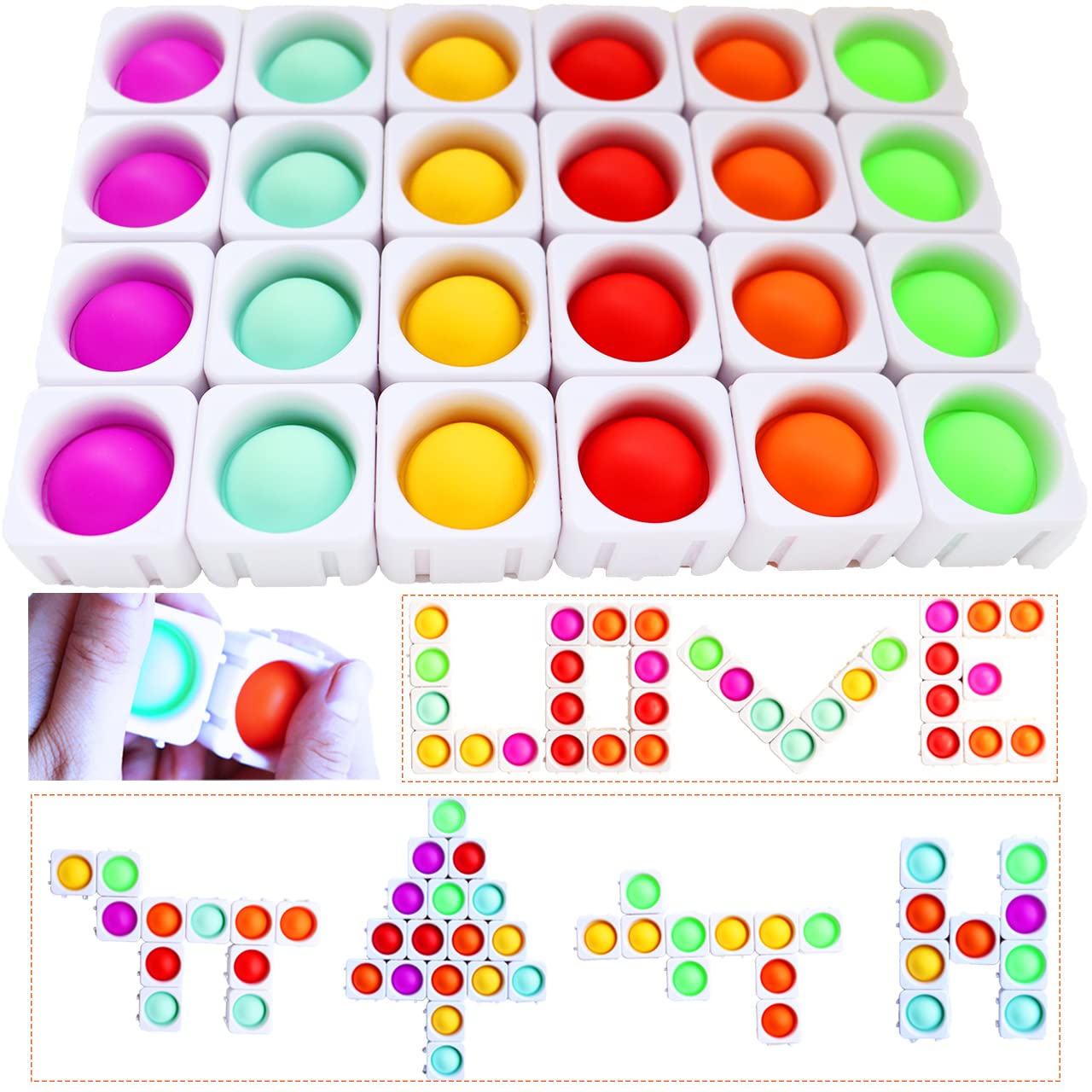 24 Pcs Fidget Blocks, Push Silicone Popper Fidget Sensory Toy, Infinity DIY Pop Building Blocks, Great Tool for Classroom (White)
