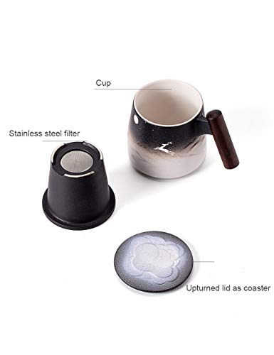 TANG PIN Moon Deer Ceramic Tea Mug with Infuser and Lid Coffee Mug with Strainer and Wooden Handle 14.5 OZ (Black&Blue)