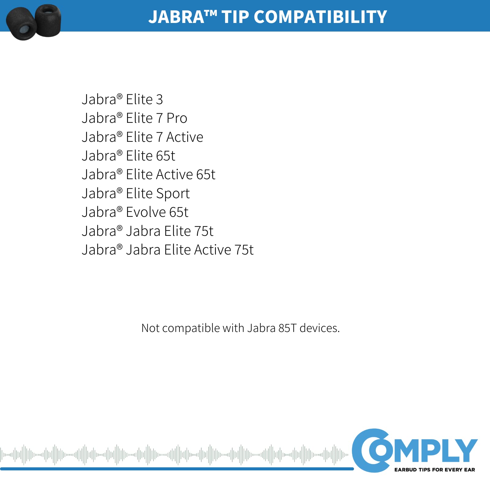 Comply Foam TrueGrip Ear Tips for Jabra 65T and 75T, Assorted S, M, L, 3 Pairs, Black, Ultimate Comfort, Earbud Replacement Tip, Soft Noise Canceling, Made in The USA