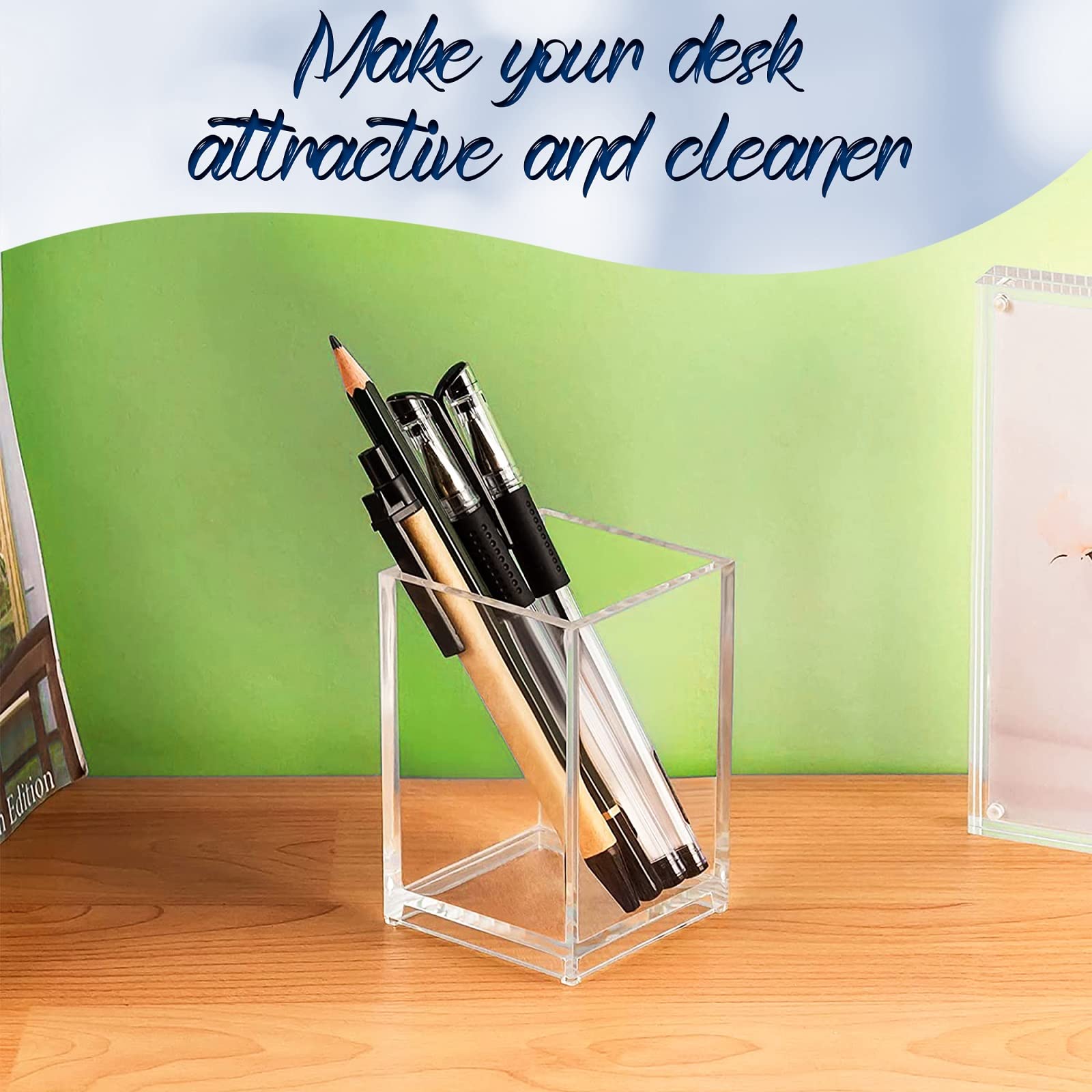 Acrylic Pen Holder for Desk - Includes Metal Keychain – Acrylic Pencil Holder Clear Makeup Brush Holder – Acrylic Desk Accessories, Stationery Organizer for Office Desk Accessory - 1-Piece, 2.6x2.6x4"