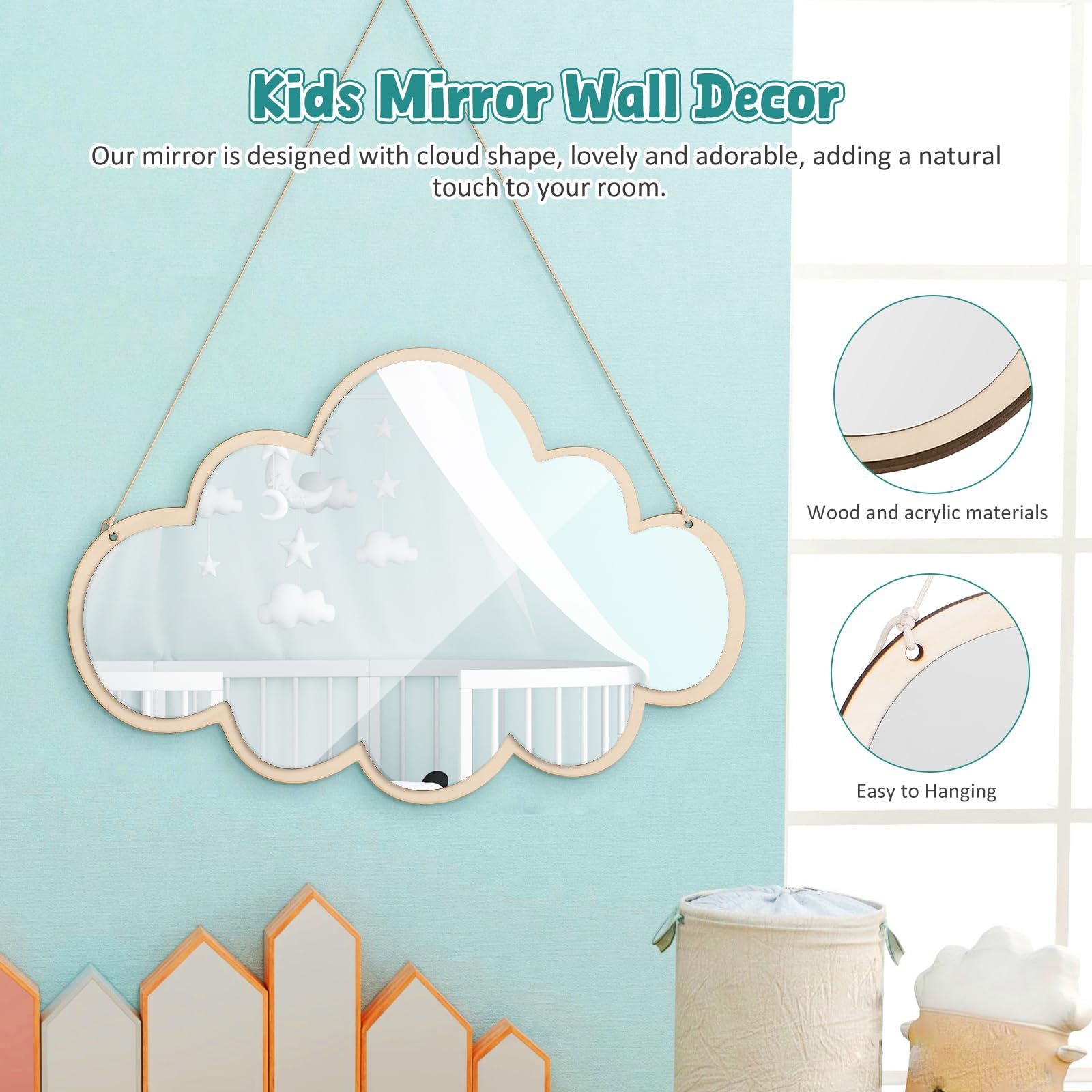 Mirror Cloud Wooden Mirror Cartoon Safety Shatterproof Mirror Wall Sticker Nordic Bedroom Nursery Decoration Mirror