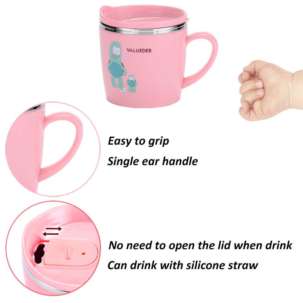 Valueder Baby Kids Toddler Sippy Cup Mug for Milk, Coffee, Stainless Steel Trainer Straw Cup with Lid, Fox, 7oz/Pink