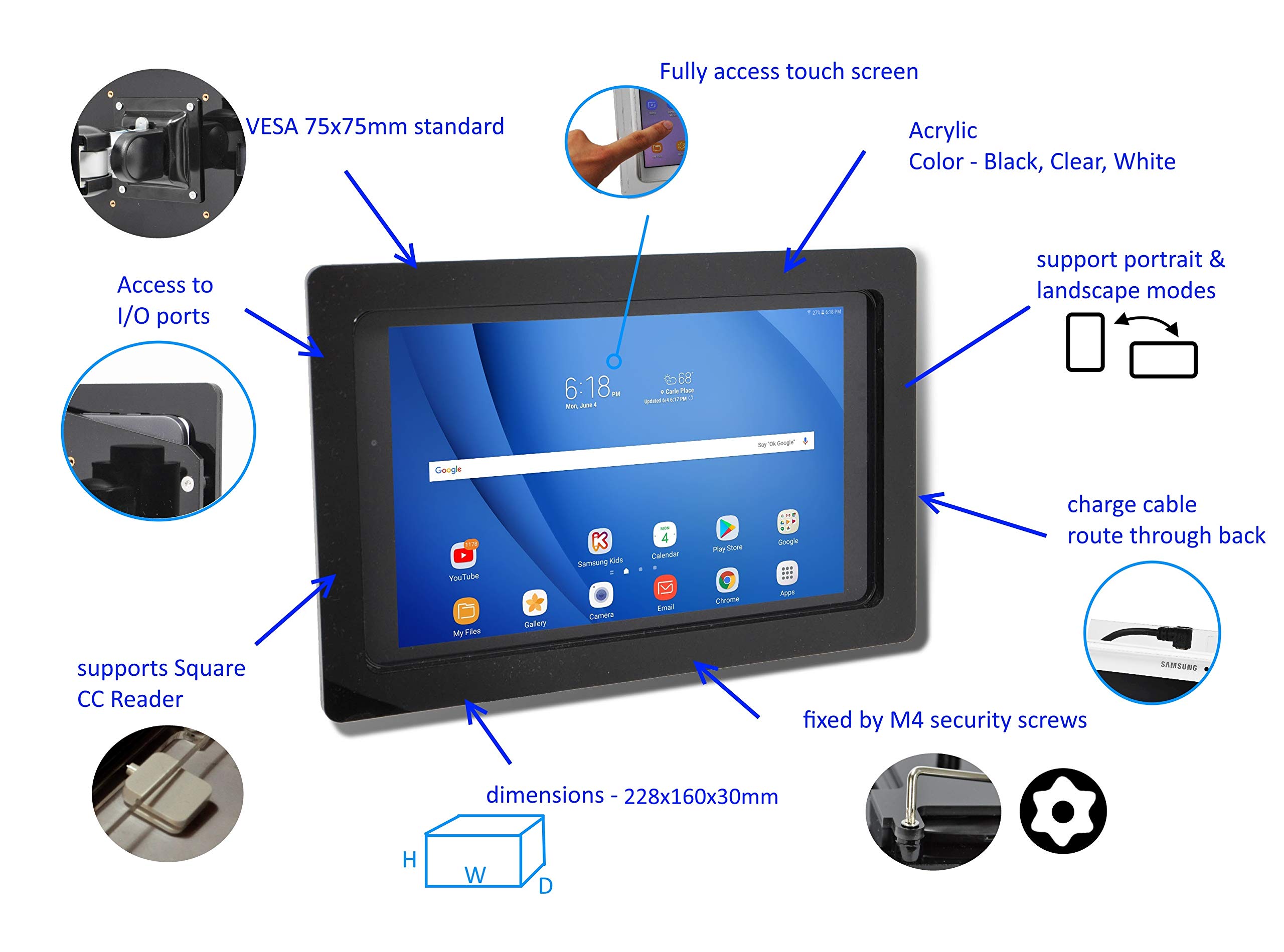 TABcare Anti-Theft Acrylic VESA Enclosure for Galaxy TAB A7 Lite 8.7" SM-T220 Tablet with Free Wall Mount Kit & 90-Degree Angle USB C Cable (TAB A7 Lite, Black)