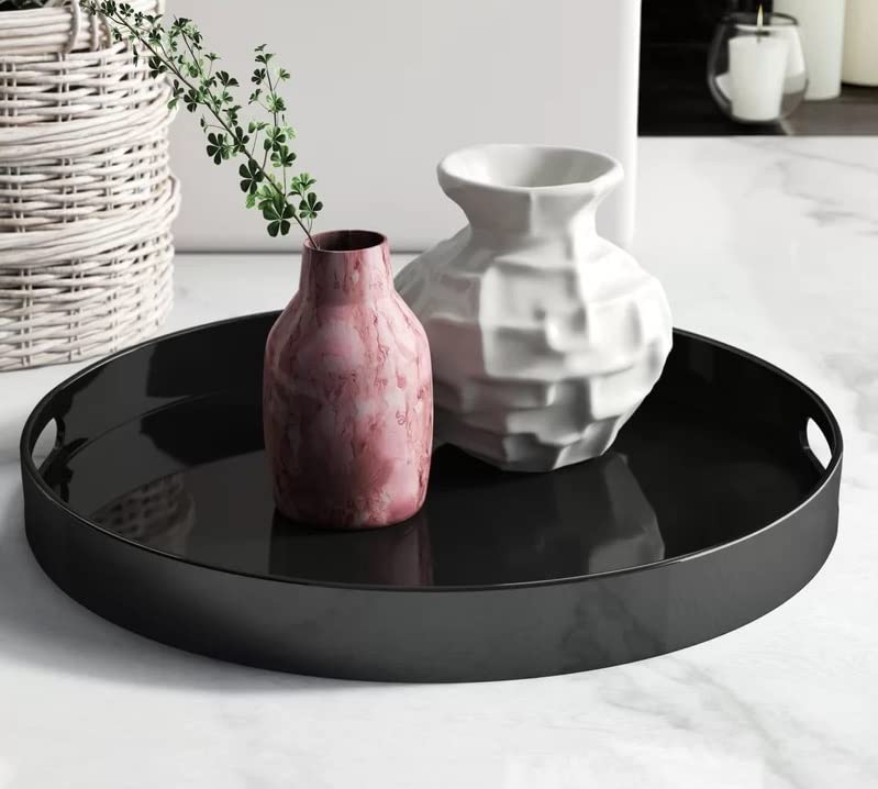 10 Strawberry Street 13.5" Lacquer Round Serving Tray with handles, Black