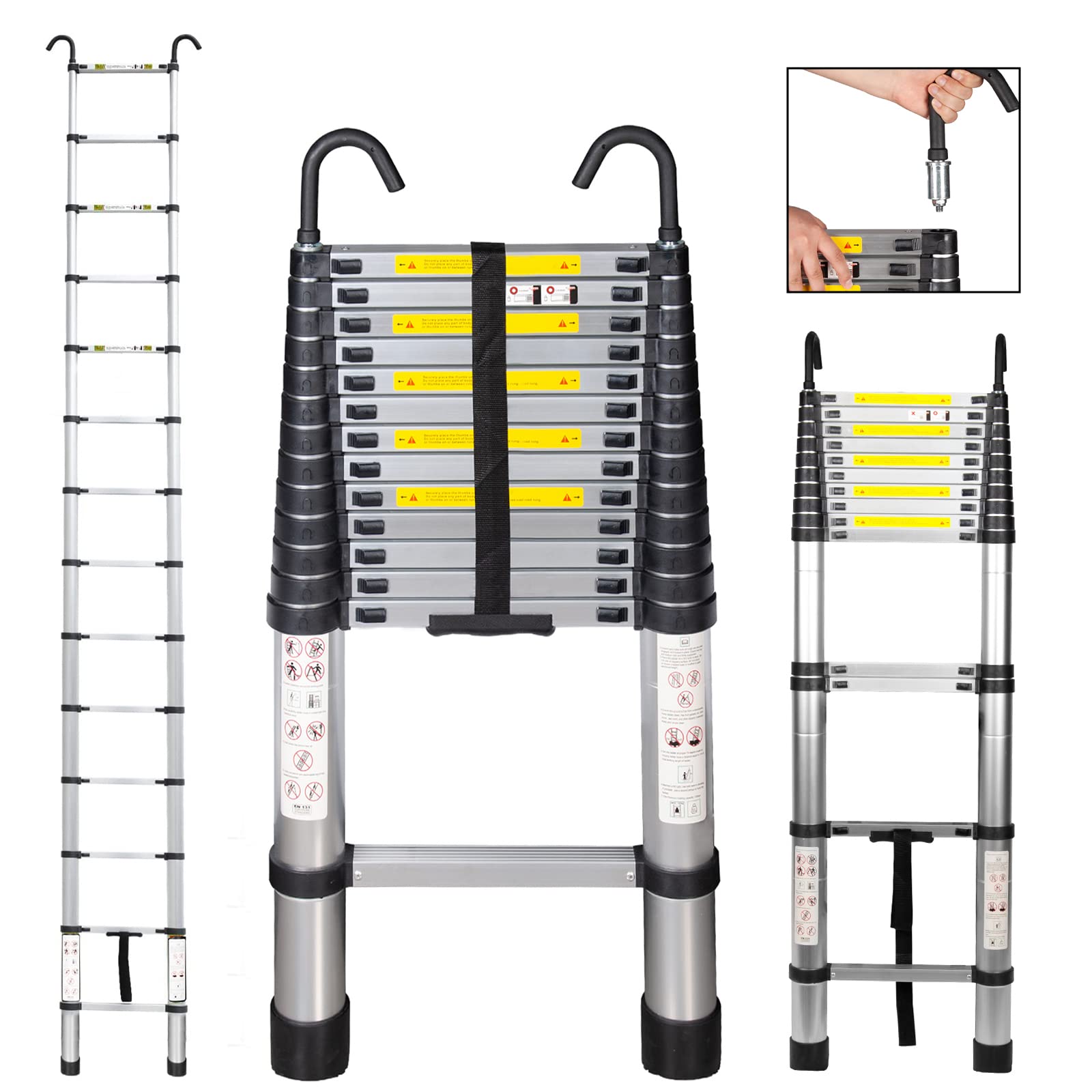 10.5FT Telescopic Ladder w/Non-Slip Feet Detachable Hooks,Aluminum Collapsible Portable Telescoping Ladder for Loft Roof Attic Ceiling,330 Lb Capacity Silver