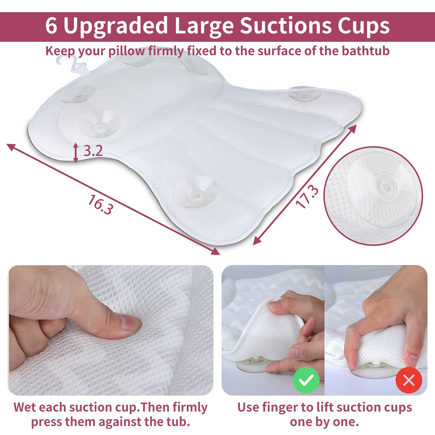 Bath Pillow, Luxury Bathtub Pillow, Ergonomic Spa Bath Pillows for tub with 4D Mesh Technology and 6 Suction Cups,Tub Pillow with Neck, Head, Shoulder and Back Support, Fits All Bathtub,Home Spa