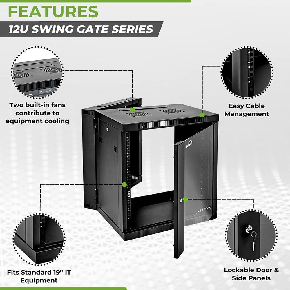 NavePoint 12U Server Cabinet with Hinged Back - 17.7” Deep, 12U Server Rack Enclosure with Locking Glass Door, Wall Mount Rack with Removable Side Panels, 12U Network Cabinet with 2 Fans, Assembled