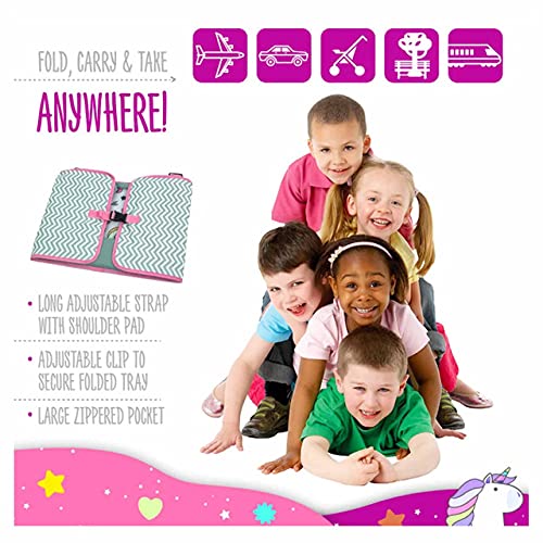 Thr33E Car Seat Kids Travel Tray - Travel Lap Desk Active Accessory for Child’s - Kids Tablet iPad Holder Stand Art Storage Pockets (Pink)