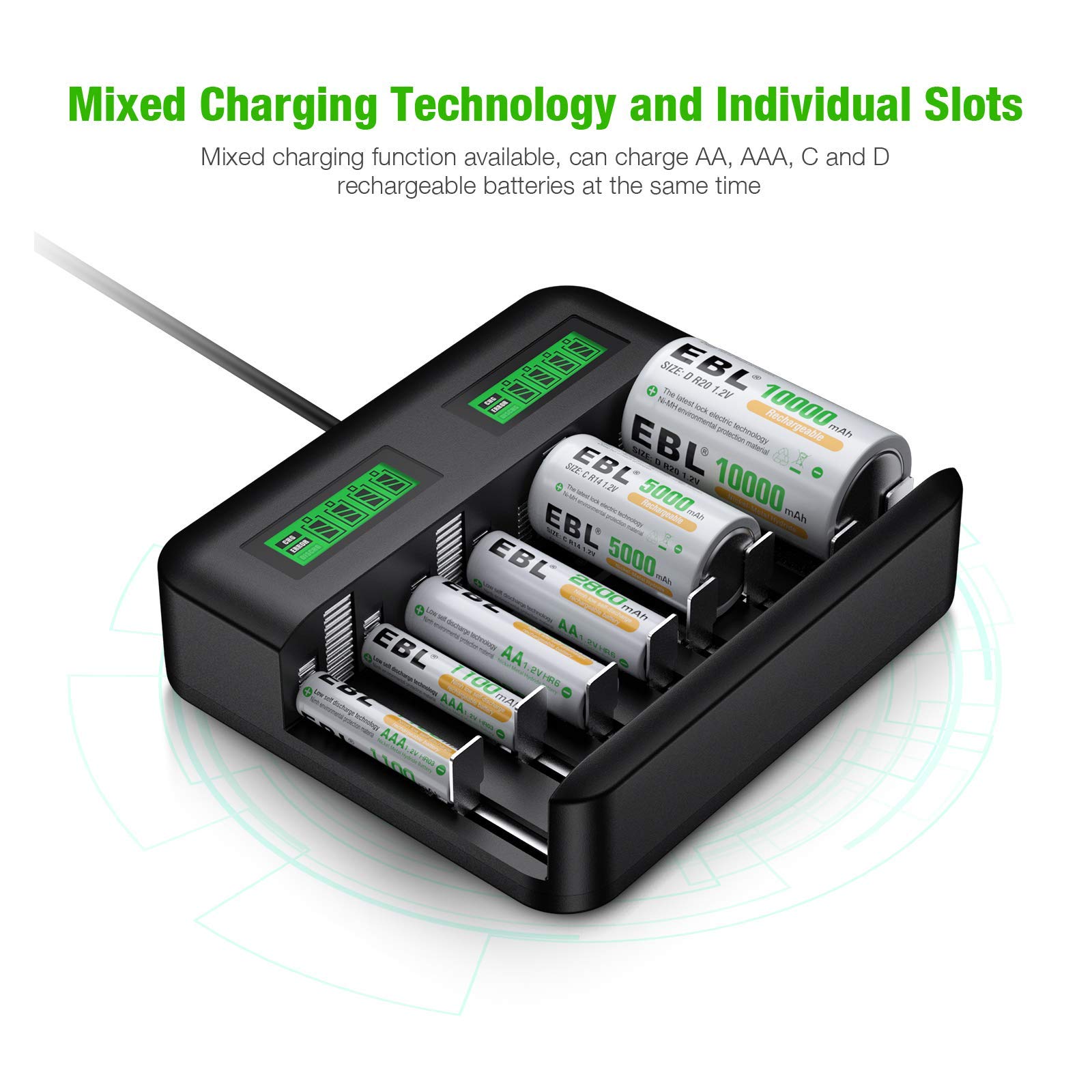 EBL LCD Universal Battery Charger - 8 Bay AA AAA C D Battery Charger for Rechargeable Batteries Ni-MH AA AAA C D Batteries with C Rechargeable Batteries 6 Pack
