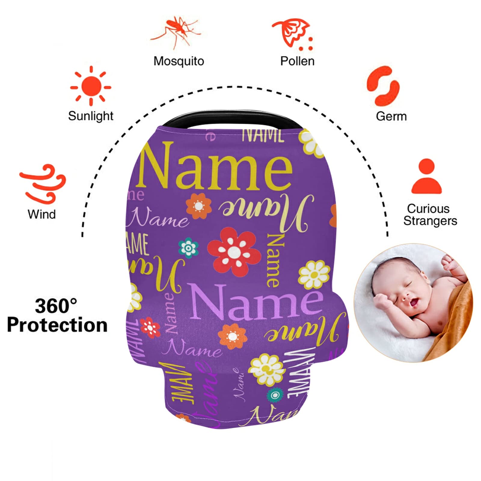 Colorful Flowers Purple Personalized Baby Car Seat Covers with Name, Custom Nursing Cover Breastfeeding Scarf Soft Breathable Stretchy Coverage, Infant Stroller Cover for Boys Girls