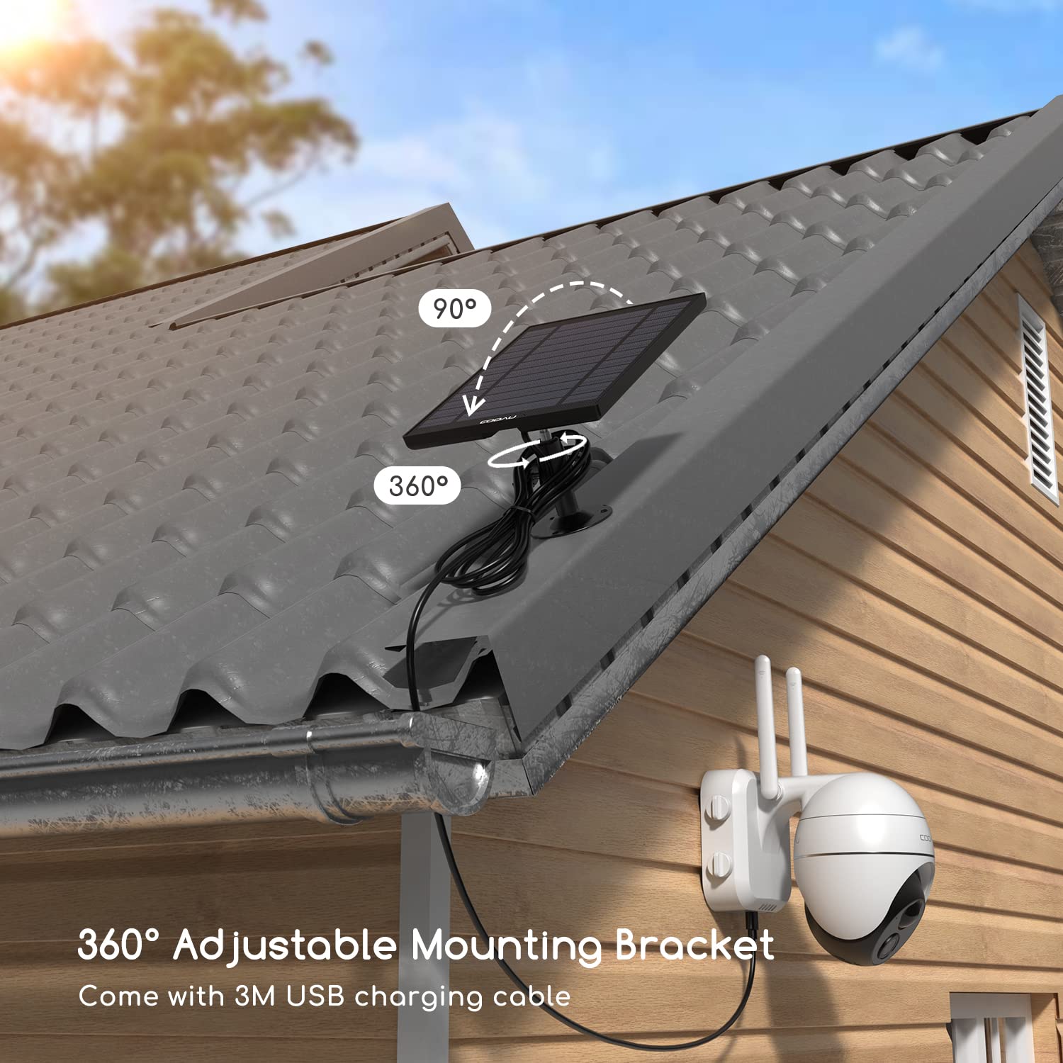 COOAU Solar Panel for Outdoor Security Camera, Waterproof Solar Panel with 10ft USB Cable Compatible with DC 5V Rechargeable Battery Camera, Continuous Power Supply for Security Camera (No Camera)