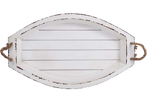 Distressed White Nesting Wood Serving Tray for Eating with Rope Handles,Set of 2 Farmhouse Handwork Boat Shaped Large Decoration Serving Trays for Party Kitchen Counter, Dining Room Coffee Table