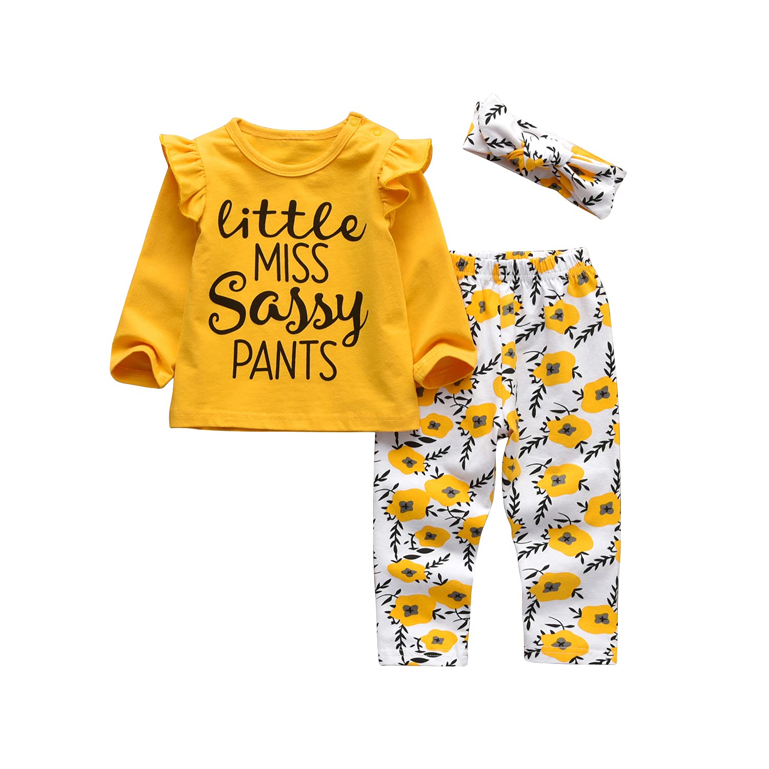3Pcs Baby Girl Clothes Little Miss Sassy Pants Long Sleeve Letter Tops Flowers Pants and Headband Outfit Set (18-24 Months)