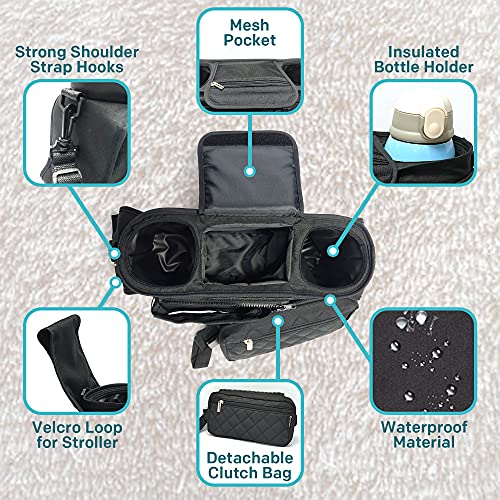 ComfyDegree Universal Baby Stroller Organizer Anti-Slip Detachable Pouch Bag Insulated Bottle Cup Holders Tissue Compartment, Secured Straps, Pockets for Diaper, Phone, Keys, Toys (Black)