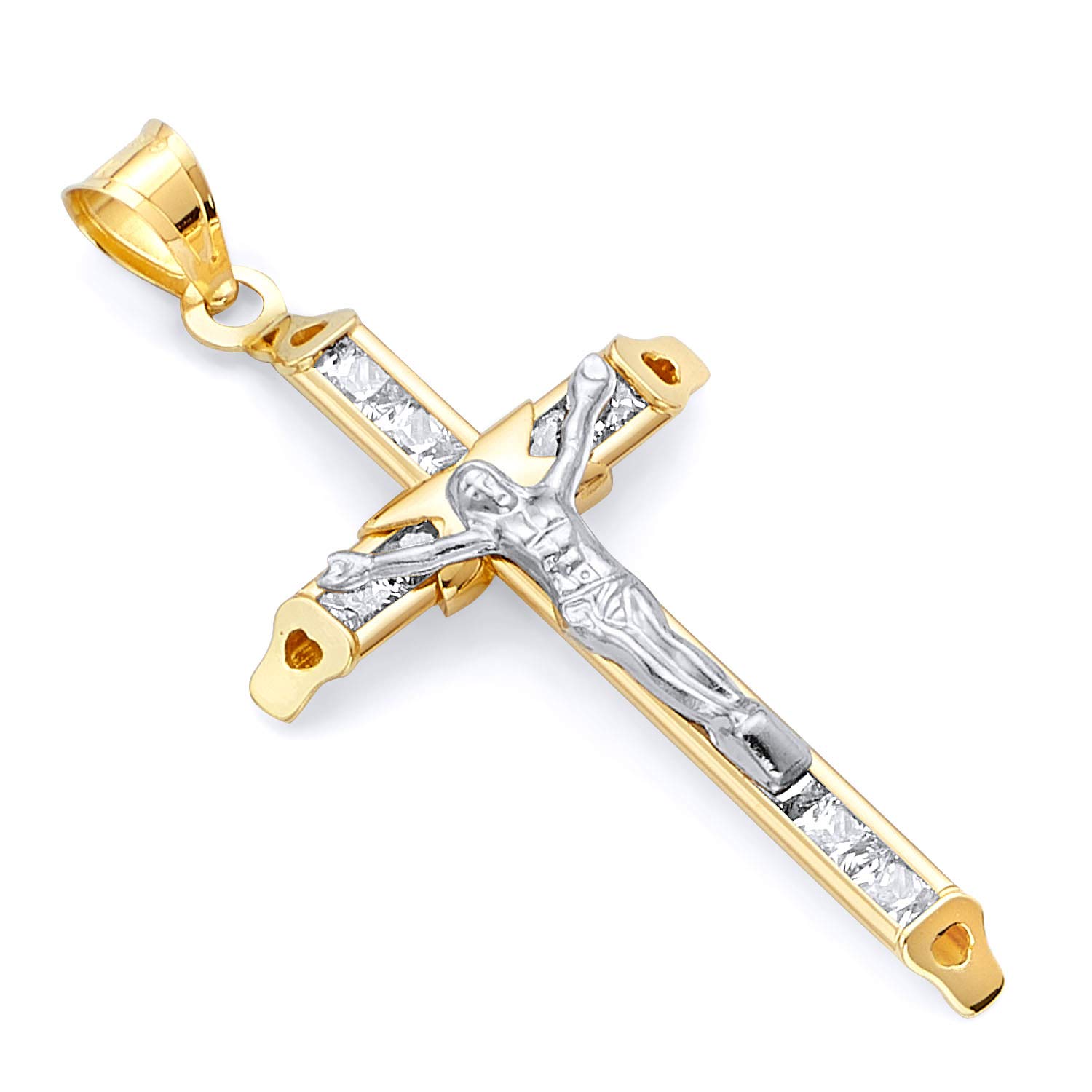 14k REAL Two Tone Gold CZ Crucifix Jesus Cross Religious Charm Pendant (Size : 36 x 19 mm)