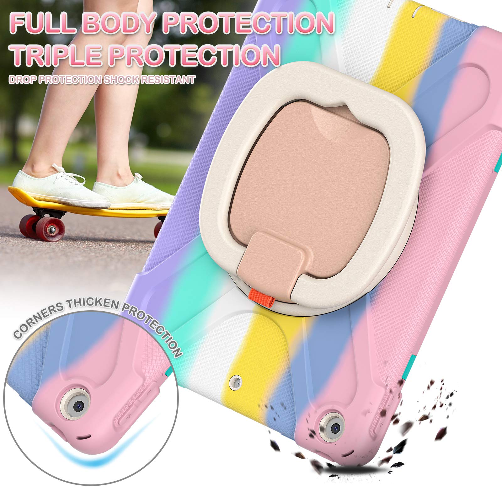 BATYUE for iPad 9th/ 8th/ 7th Generation Case (iPad 10.2 inch Rugged Case 2021/2020/2019) with Screen Protector, Rotating Stand/Pencil Holder/Carrying Shoulder Strap (Colourful Pink)