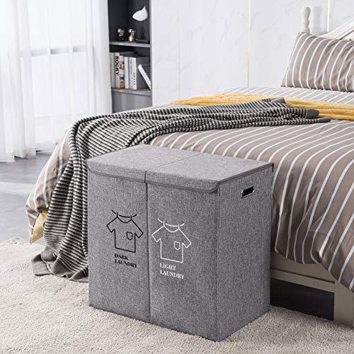 TECHMILLY Double Laundry Hamper with Lid, 140L Large Foldable Dirty Cloth Basket 2 Section with Removable Liners, Tall Divided Laundry Baskets with Handles for Bedroom, Closet, Bathroom - Grey