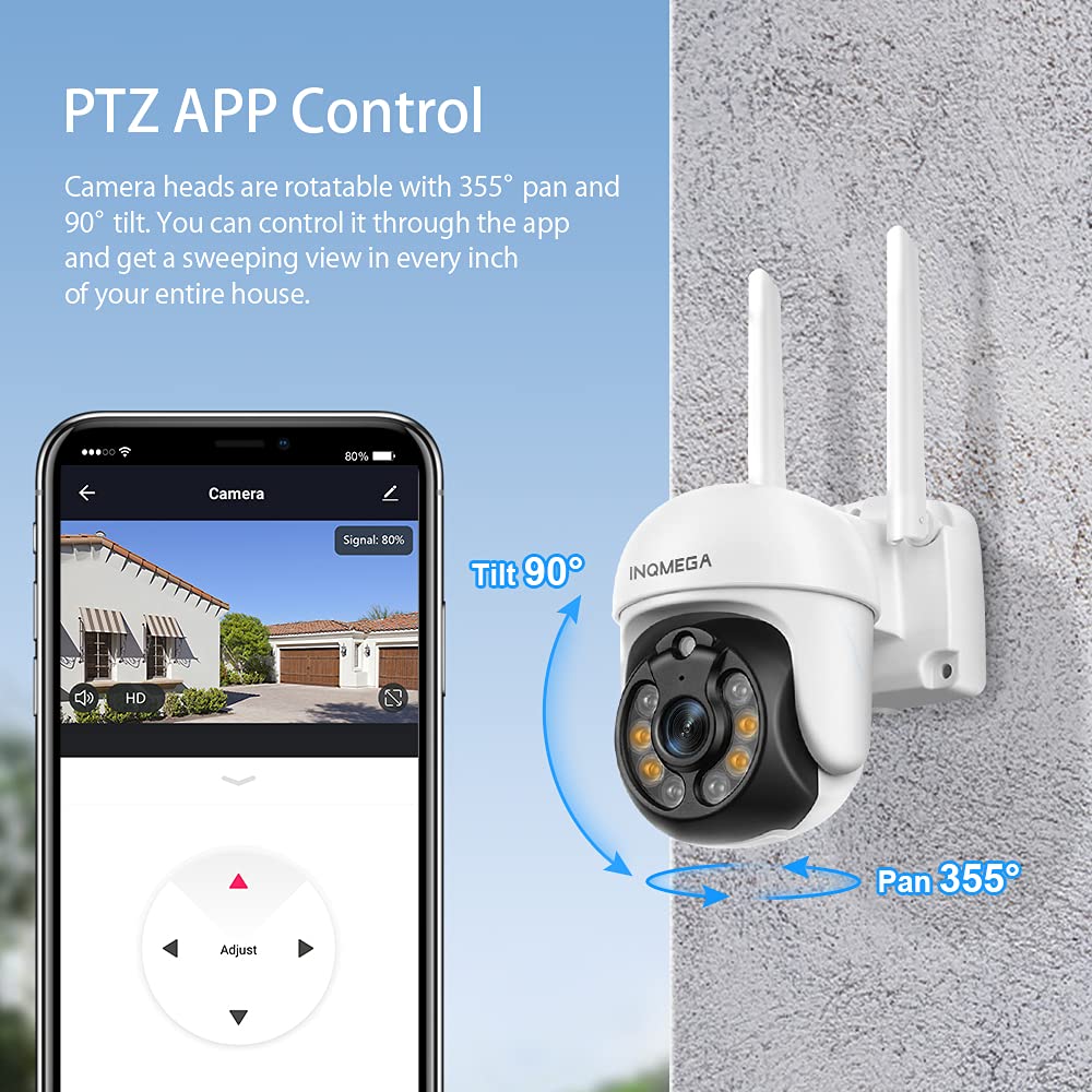 INQMEGA TUYA PTZ Camera Outdoor, 3MP Security Home Surveillance Camera with 2.4G WiFi, Waterproof IP Wireless Camera, Color Night Vision,Two-Way Audio, Motion Detection, Cloud & SD Card