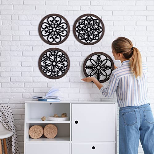4 Pieces Thicken Rustic Wall Decor Farmhouse Wall Art Decor Wooden Hollow Carved Design Rustic Round Wall Art for Living Room Bedroom Hallway Decor Office Kitchen Wall Decoration (Black, Brown)