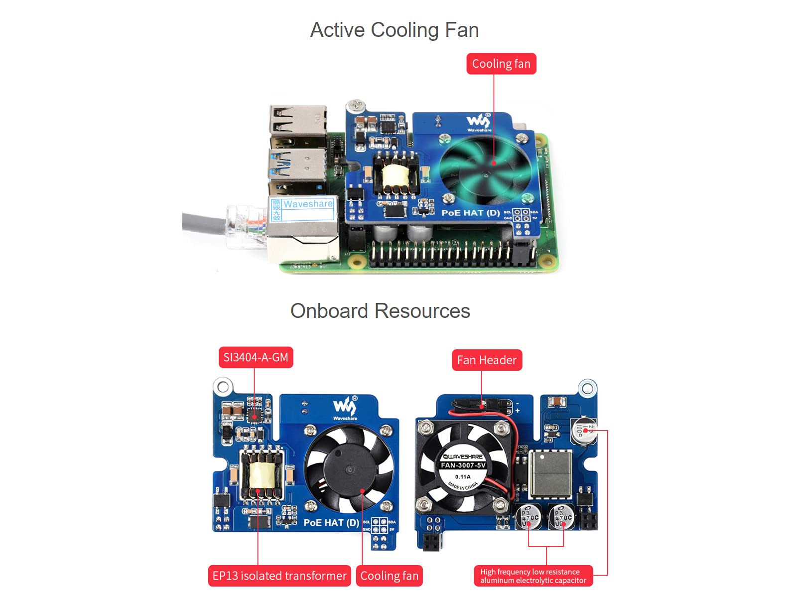 waveshare PoE HAT for Raspberry Pi 4 B/3 B+,Power Over Ethernet HAT (D) with Fan,Support IEEE 802.3af Network,Compatible with Raspberry Pi Official 4B Case