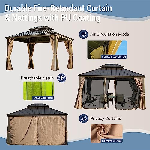 10' x 12' Hardtop Gazebo Outdoor Aluminum Gazebos Grill with Galvanized Steel Double Canopy for Patios Deck Backyard,Curtains&Netting by domi outdoor living Brown