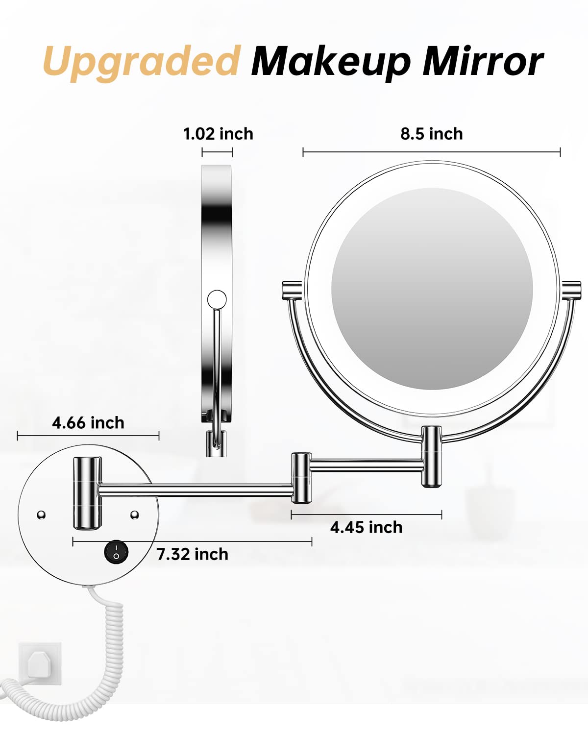 Gospire 8.5" Wall Mounted Lighted Magnifying Mirror, 1X/10X Double-Sided Magnification Round LED Cosmetic Vanity Bathroom Mirror Extendable Arm 360° Swivel for Shaving Makeup