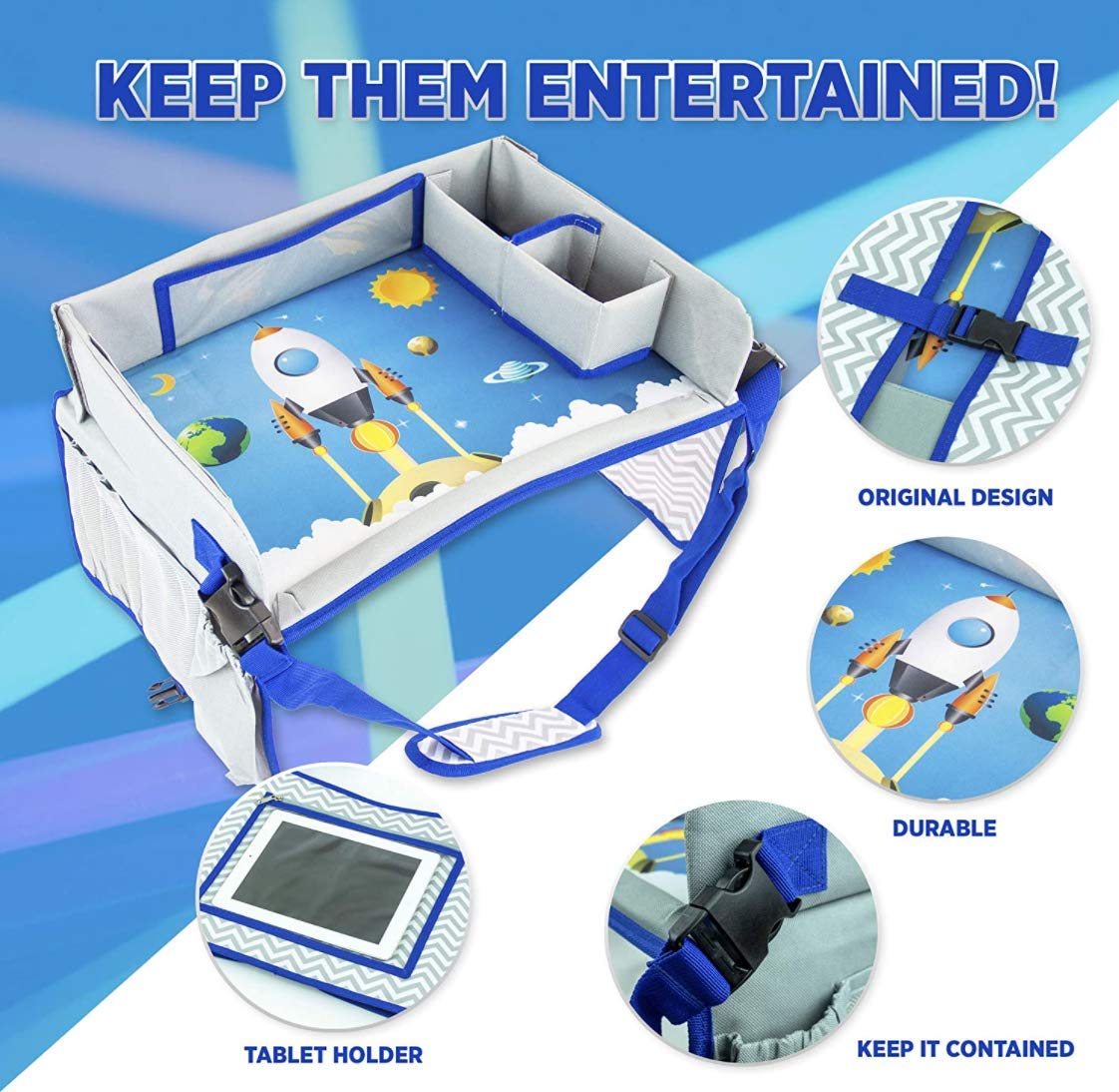 Thr33E Car Seat Kids Travel Tray - Travel Lap Desk Active Accessory for Child’s - Kids Tablet iPad Holder Stand Art Storage Pockets (Blue)