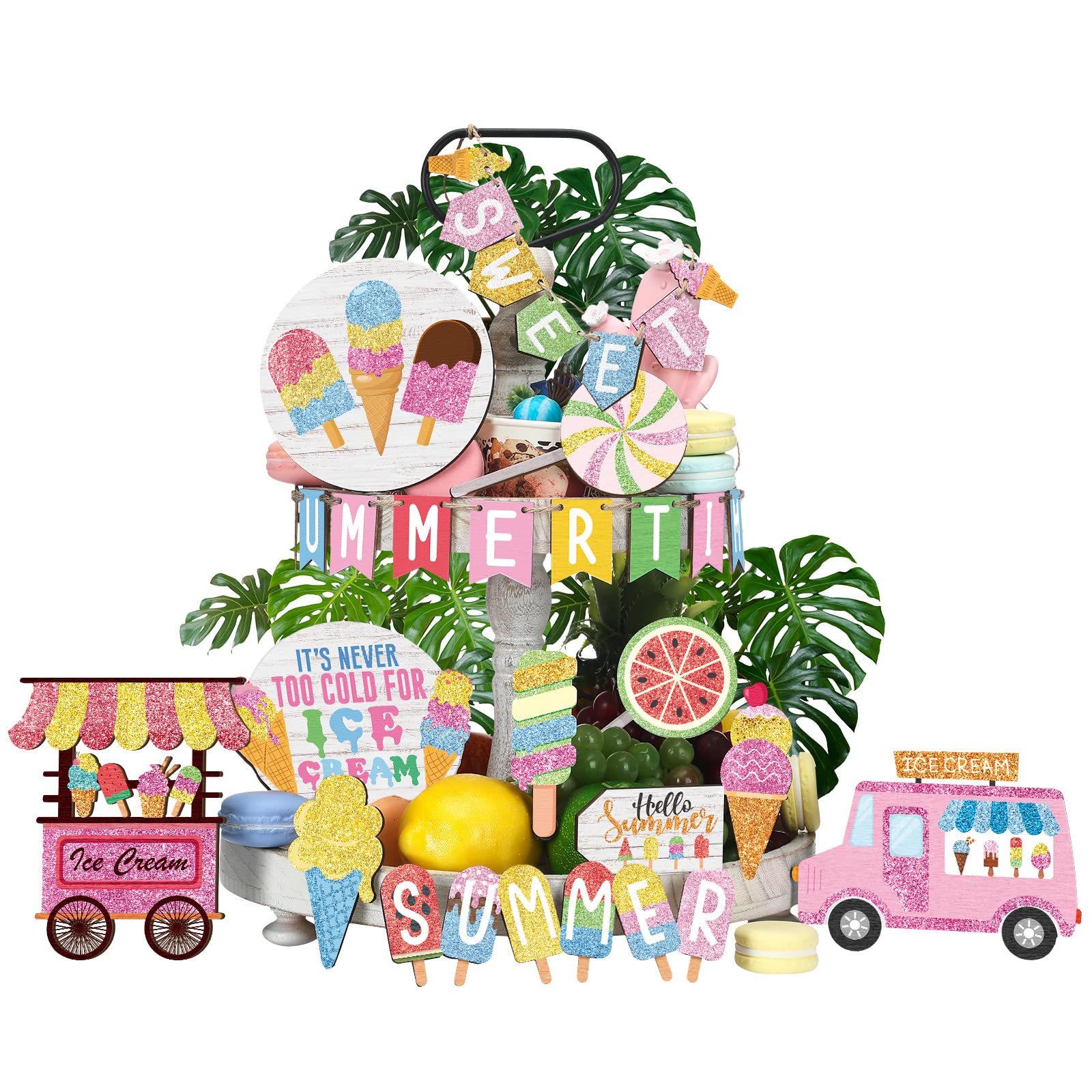 11 Pcs Ice Cream Party Tiered Tray Decor Ice Cream Party Decorations Supplies Wooden Signs for Summer Home Summer Farmhouse Cream Tiered Tray Decor (Ice Cream Style)