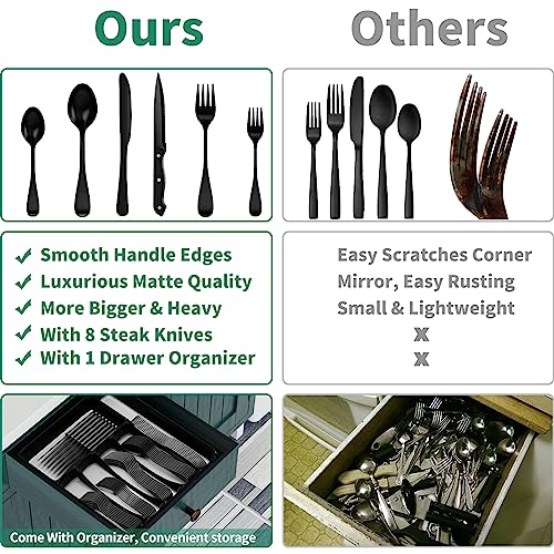 49piece Black Silverware Set with Organizer, Stainless Steel Flatware Set for 8 with Drawer Tray, Kitchen Tableware Service Cutlery Matte Steak Knives Fork Spoon for Home Restaurant, Dishwasher Safe