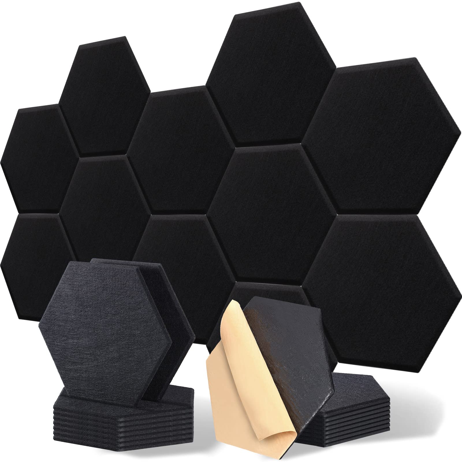 18 Pieces Acoustic Panels Hexagon Sound Proof Padding 11.8 x 10.2 x 0.4 Inches Foam Soundproof Wall Panels Self-Adhesive Sound Dampening Panels Acoustic Absorption for Studio Home Office, Black