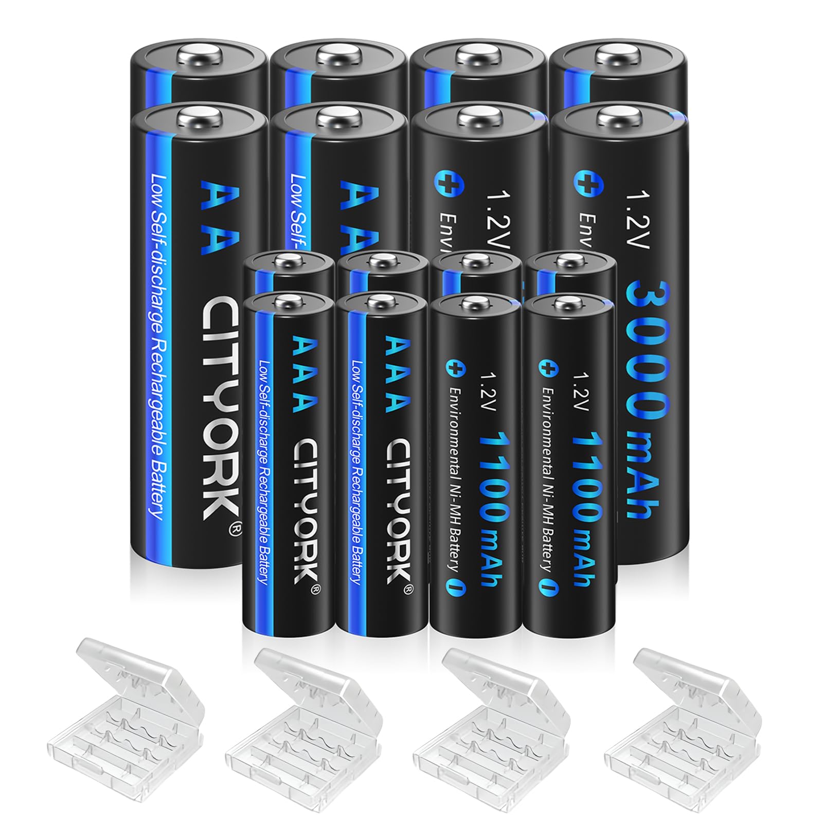 CITYORK AA AAA Rechargeable Batteries Combo Pack of 16, 8 PCS AA 3000mAh and 8 PCS AAA 1100mAh 1.2V Ni-MH Low Self Discharge Rechargeable Batteries with Battery Case Organizer