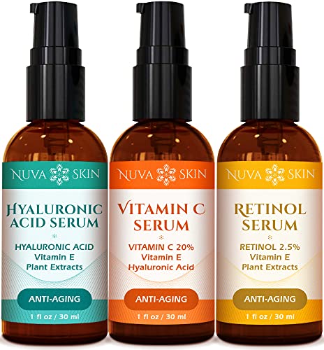 NUVA SKIN - 3 Pack Anti Aging Serum for Face - Vitamin C Serum for Face, Retinol Serum, Hyaluronic Acid Serum, Full Regimen Face Serum Set, Skin Care Face Serum for Women and Men, Facial Serum