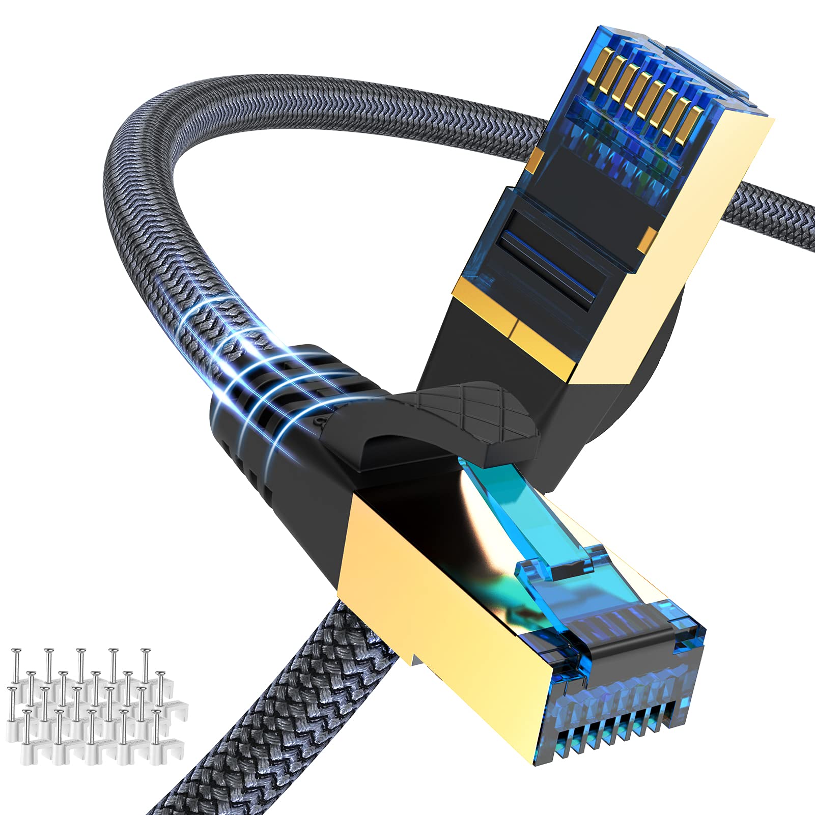 Ciwoda Cat 8 Ethernet Cable 25ft, Outdoor, Indoor Nylon Braided Cat 8 Cable, Heavy Duty 26AWG 40Gbps, 2000MHz, S/FTP Patch Cord for Xbox, POE, PS5, Router