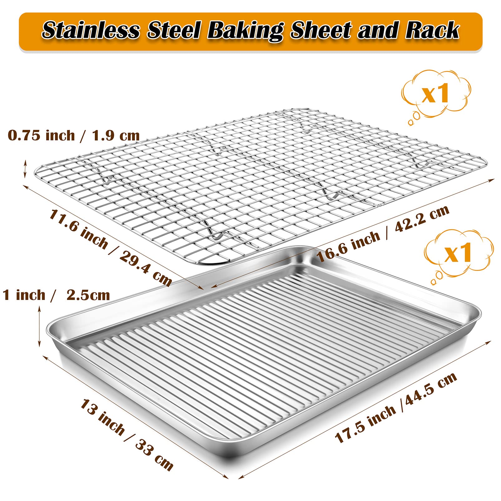 17.5 Inch Half Baking Cookie Sheet with Rack, P&P CHEF Stainless Steel Baking Pan Oven Tray and Cooling Rack for Cooking, Corrugated Bottom & Grid Rack, Healthy & Durable, 2Pcs (1 Pan +1 Rack)