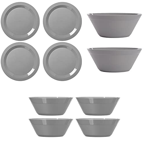 10-Piece Kitchen Plastic Dinnerware Set, Reusable Dinner Plates, Cereal Bowls, Serving Bowls, Unbreakable Plastic Outdoor Camping Dishes | Grey | Made in USA